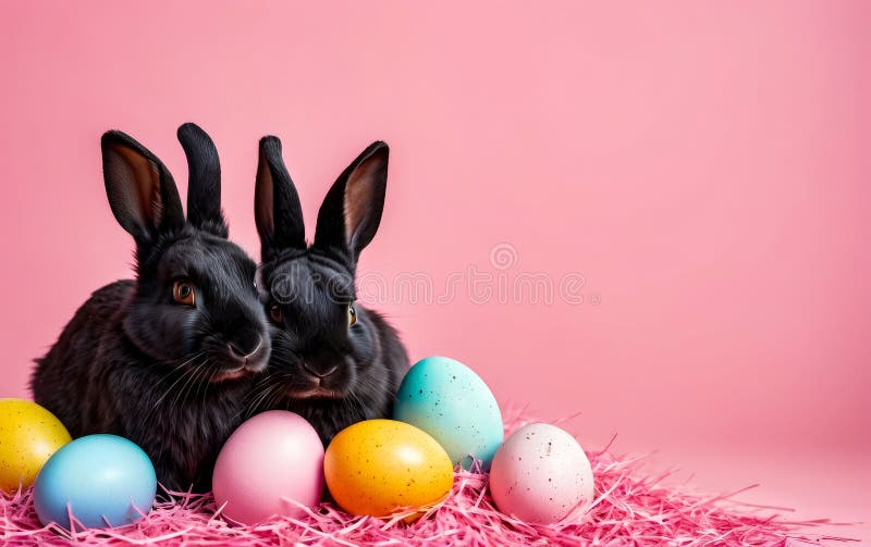 Two Black Rabbits Sitting in Nest of Colored Eggs. Generative AI Stock ...