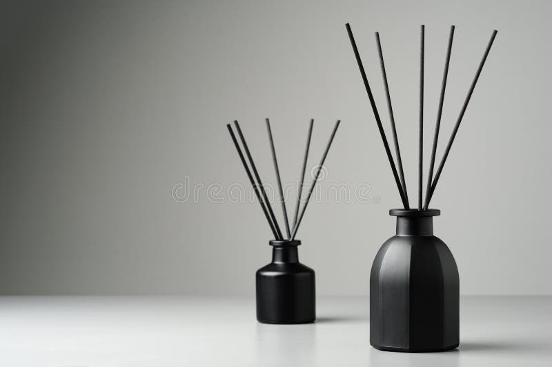 Two Black Reed Diffuser Bottles on a White Surface with Grey Background ...