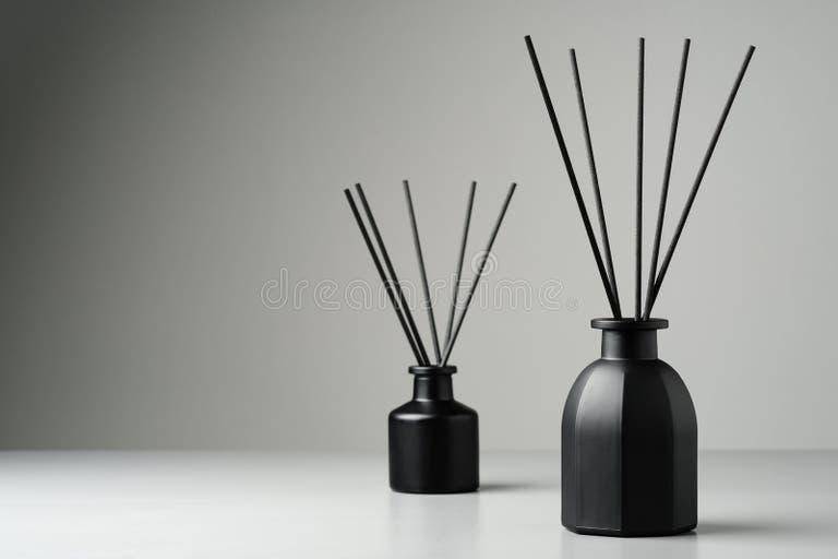 Two Black Reed Diffuser Bottles on a White Surface with Grey Background ...