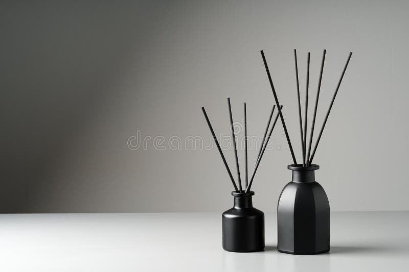 Two Black Reed Diffuser Bottles on a White Surface with Grey Background ...