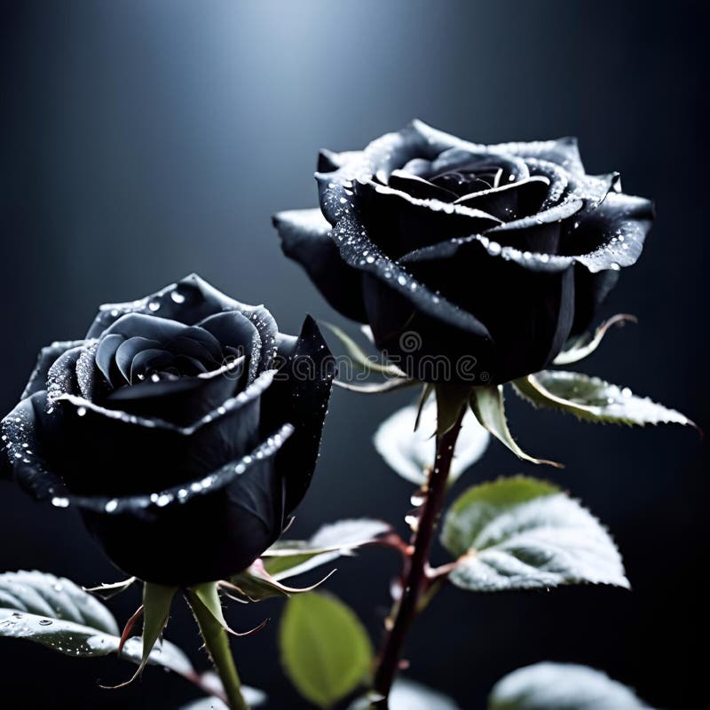 Two Black Roses with Water Droplets on Them are Standing in the Dark ...