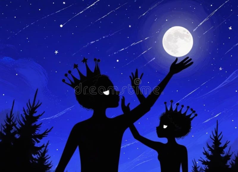 Two Black Silhouette Figure with Crown Standing Under a Full Moon and ...