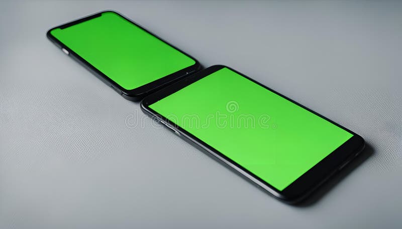 Two Black Smartphones with Green Screens on a Grey Surface Stock ...
