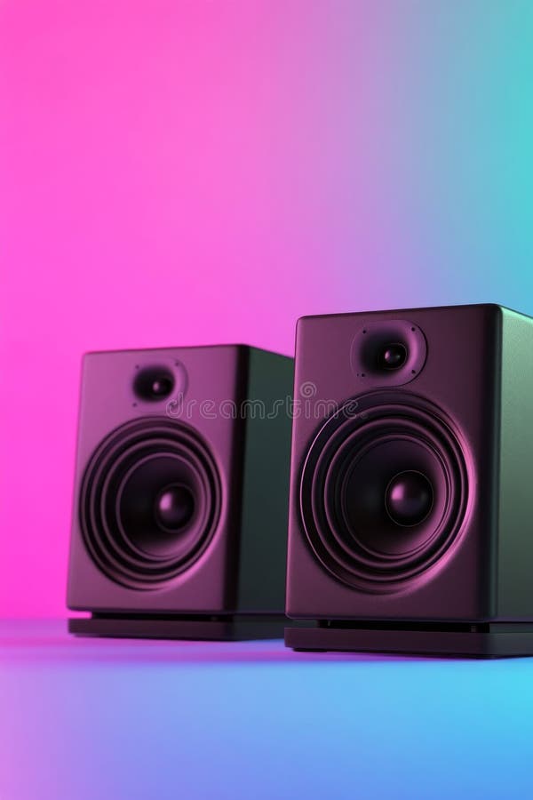 Two Black Speakers Placed on a Table with Vibrant Colored Bokeh ...