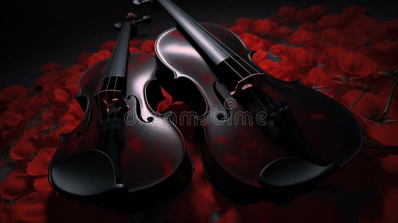 Two Black Violin S Laying on Top of a Red Rose Stock Illustration ...
