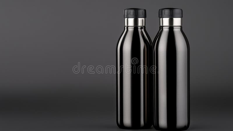 Two Black Water Bottles with Silver Caps. Stock Image - Image of water ...