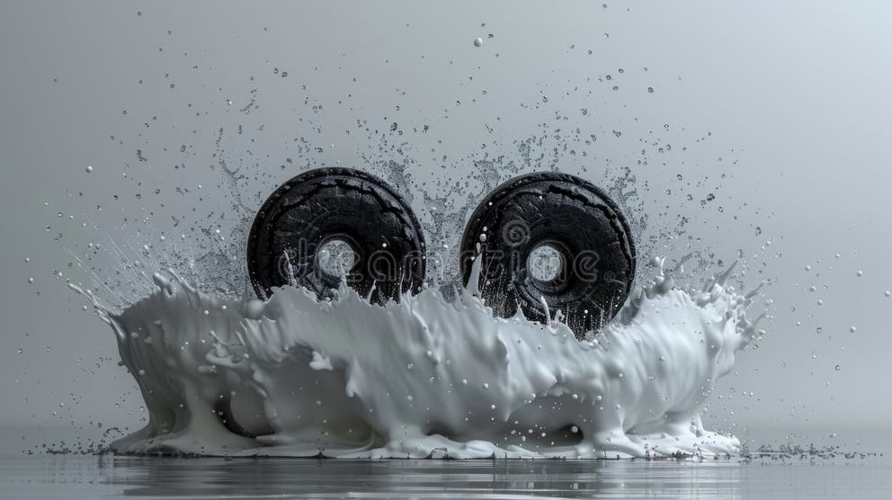 Two Black Wheels Fall through a White Liquid, Creating a Dramatic ...