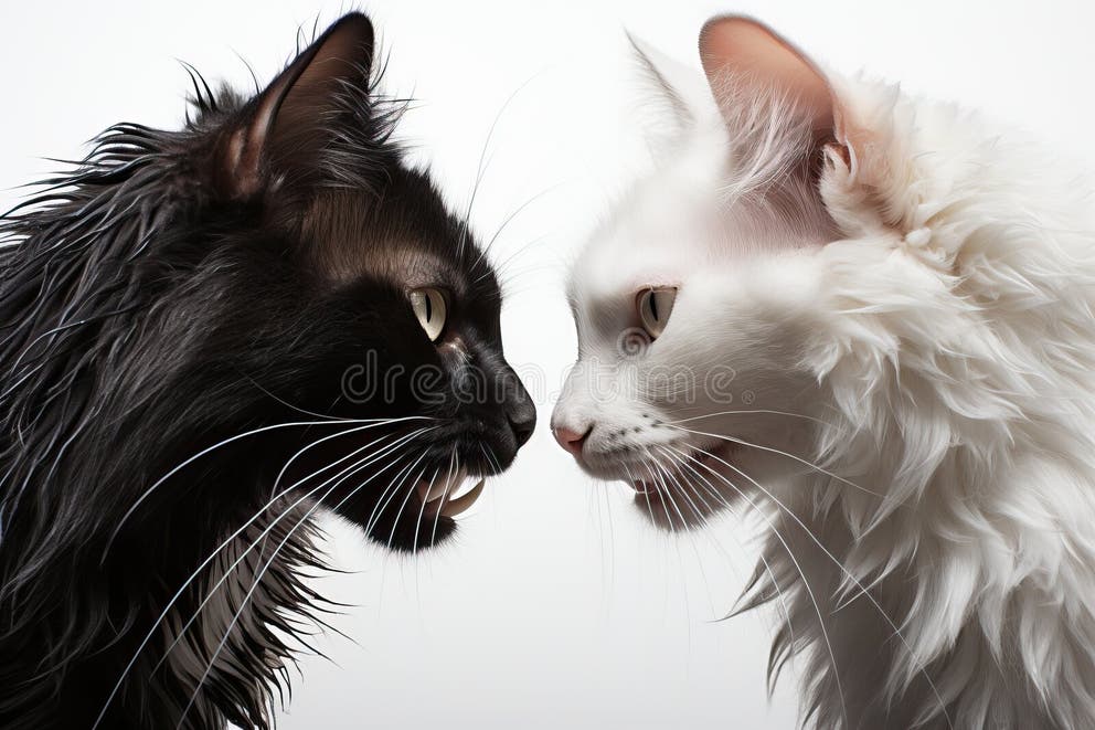 Two Black and White Cats Face To Face Stock Photo - Image of hissing ...