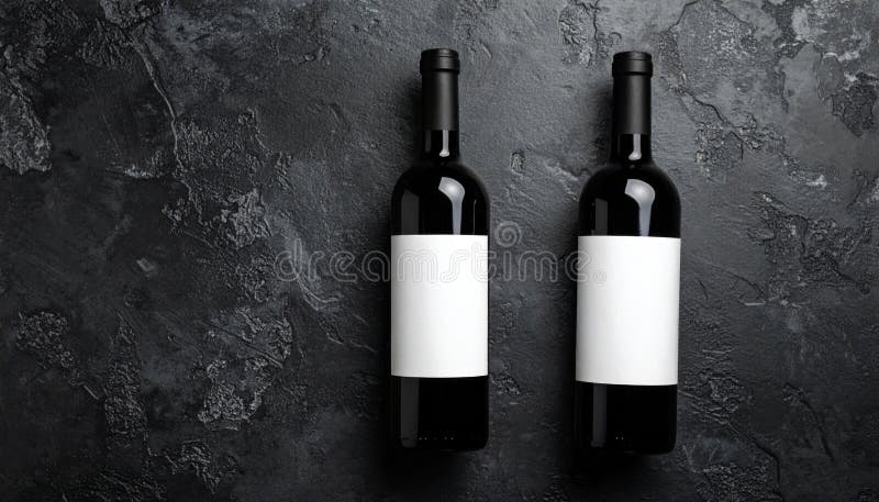 Two Black Wine Bottles with Blank Labels on Dark Background Stock ...