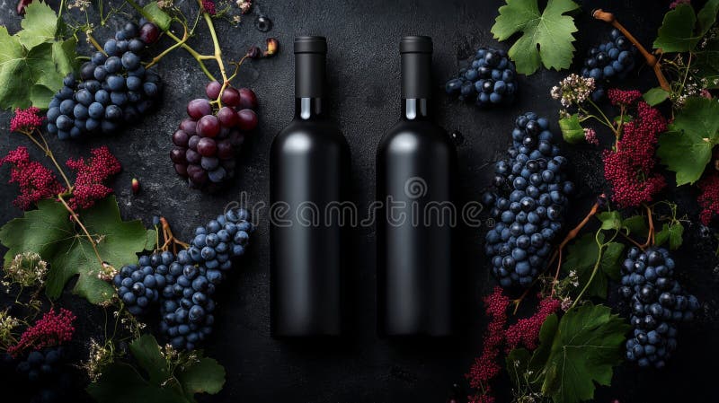 Two Black Wine Bottles Surrounded by Red Grapes Stock Photo - Image of ...