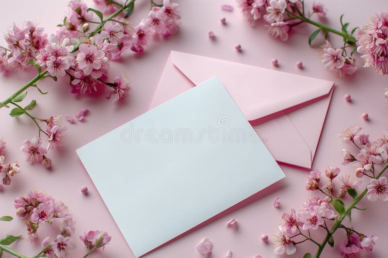 Two Blank Cards on a Pink Background with Pink Flowers Stock ...