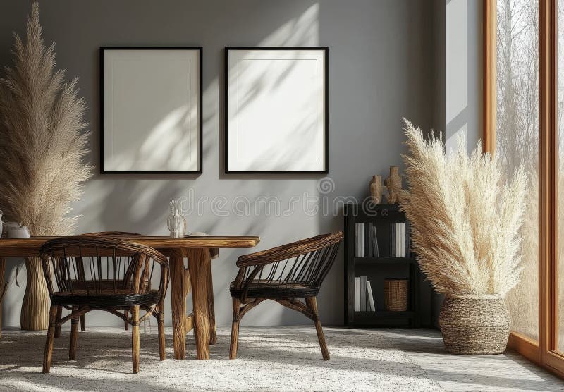 Two Blank Frames Hang from the Wall Above a Sleek, Modern Dining Table ...