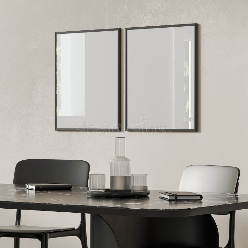Two Blank Frames Mockup in Modern Interior with Black Table Set, 3d ...