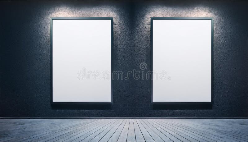 Two Blank Illuminated Posters on Dark Interior Wall. 3D Rendering Stock ...