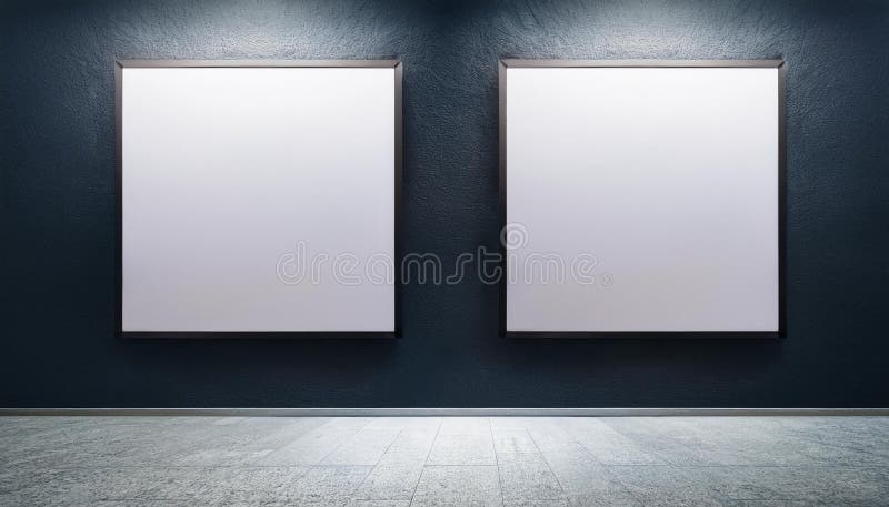 Two Blank Illuminated Posters on Dark Interior Wall. 3D Rendering Stock ...