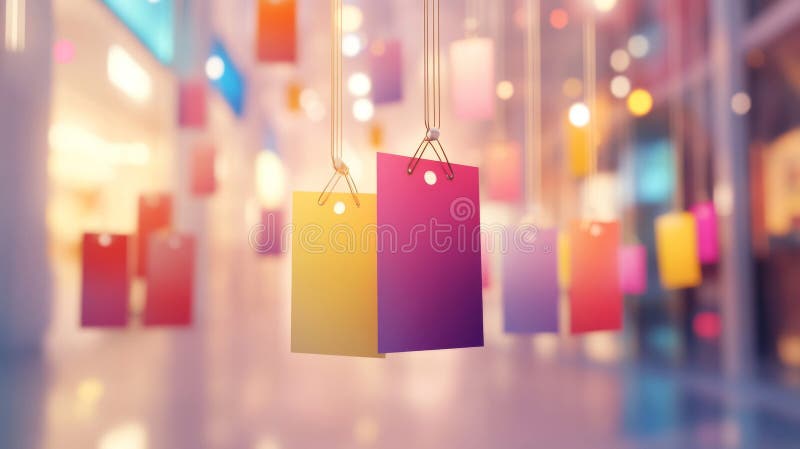 Two Blank Price Tags Hanging in a Blurred Store Interior Stock ...