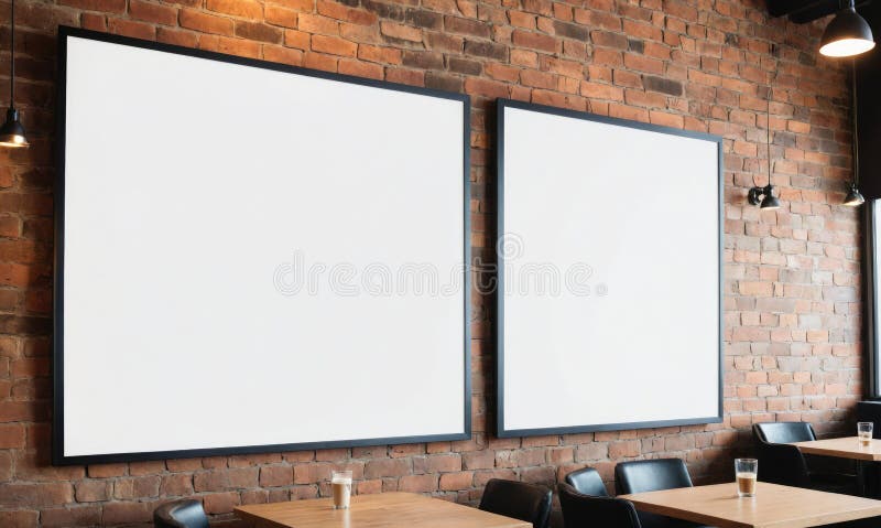Two Blank Signs Hang on a Brick Wall in a Restaurant Stock Image ...