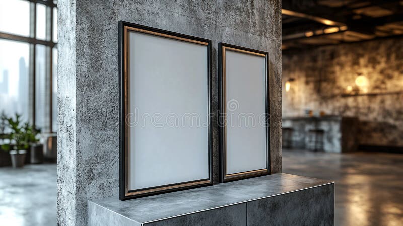 Two Blank Vertical Picture Frames on Concrete Wall in Modern Industrial ...
