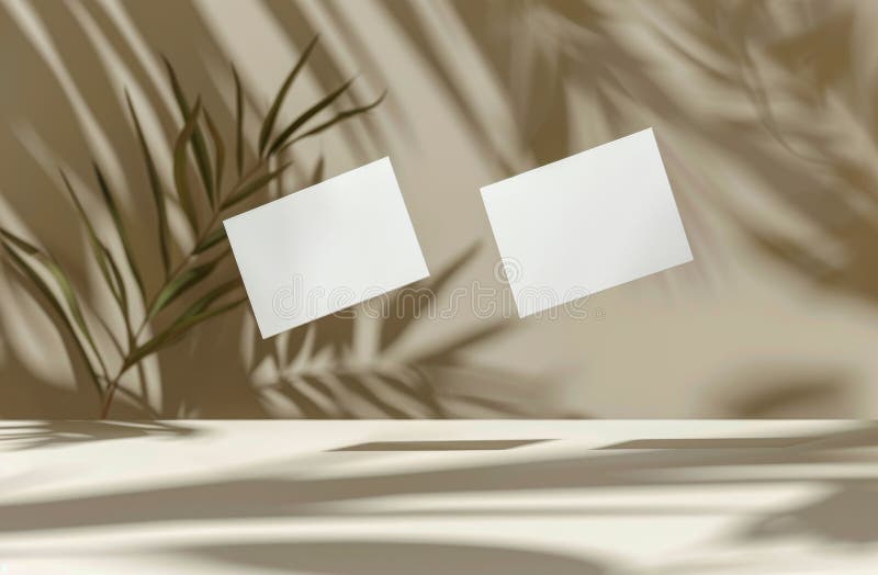 Two Blank White Cards Floating Above a White Surface with Palm Leaf ...