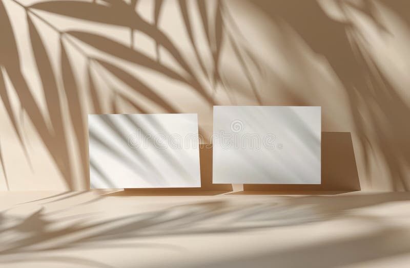 Two Blank White Cards Floating Above a White Surface with Palm Leaf ...