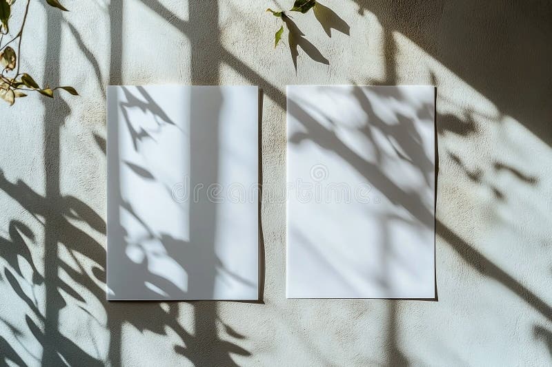 Two Blank White Papers and Leaf Shadows on Gray Background Product ...