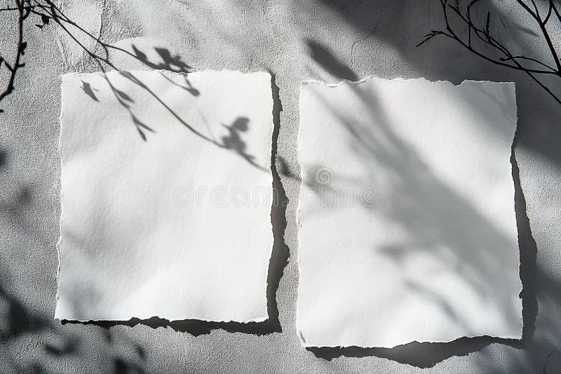 Two Blank White Papers and Leaf Shadows on Gray Background Product ...
