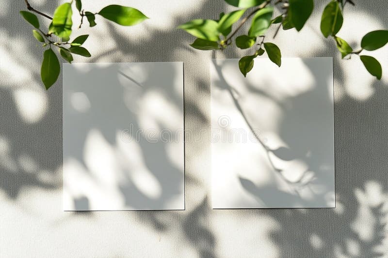 Two Blank White Papers and Leaf Shadows on Gray Background Product ...