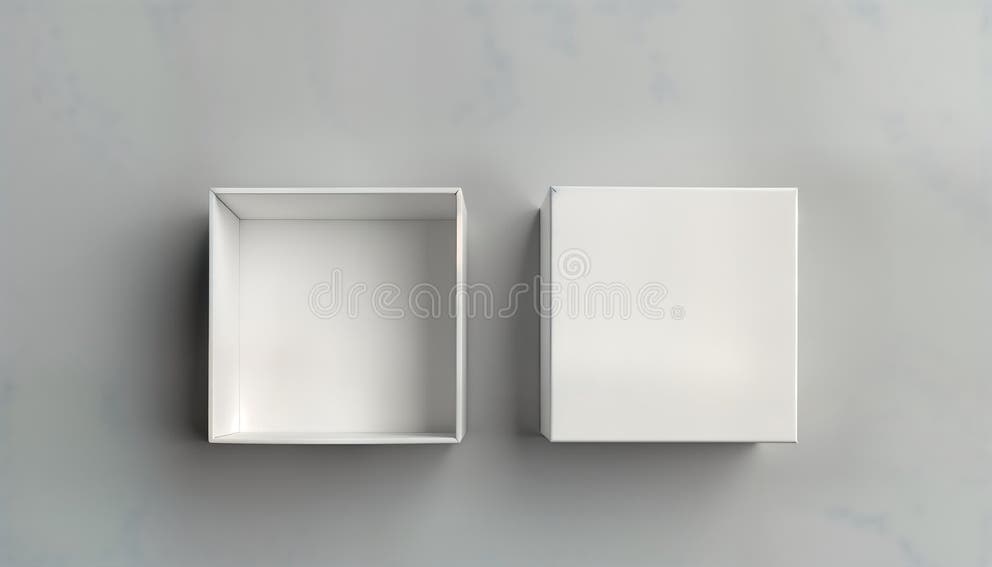 Two Blank White Rectangular Boxes Shown Open on Gray Surface. Top View ...