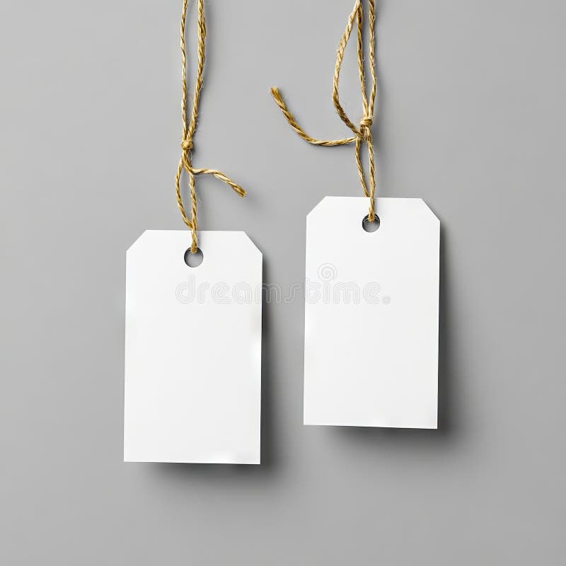 Two Blank White Tags Hanging on a String on a Gray Background Stock ...
