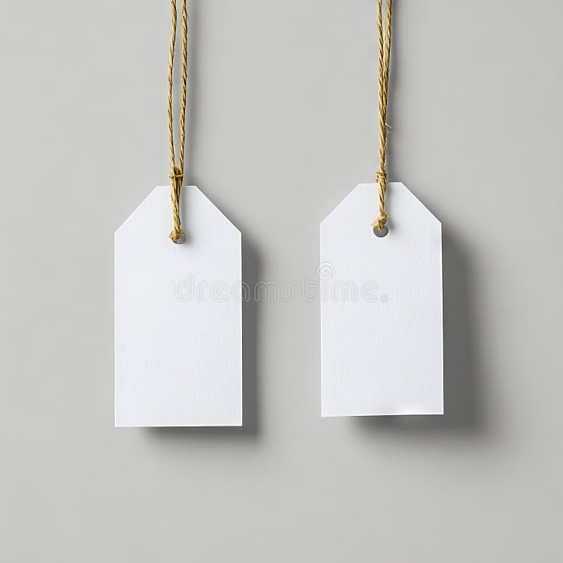 Two Blank White Tags Hanging on a String on a Gray Background Stock ...