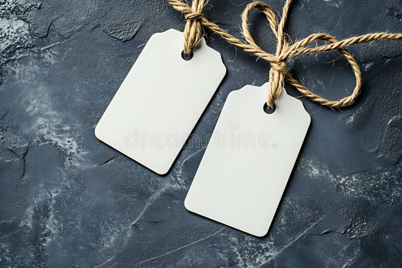Two Blank White Tags Tied with Twine on Dark Background Stock ...