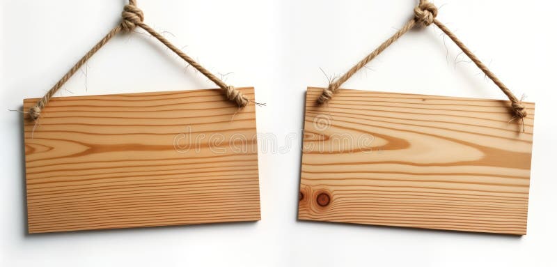 Two Blank Wooden Signboards Hang from Ropes on White Background. Simple ...