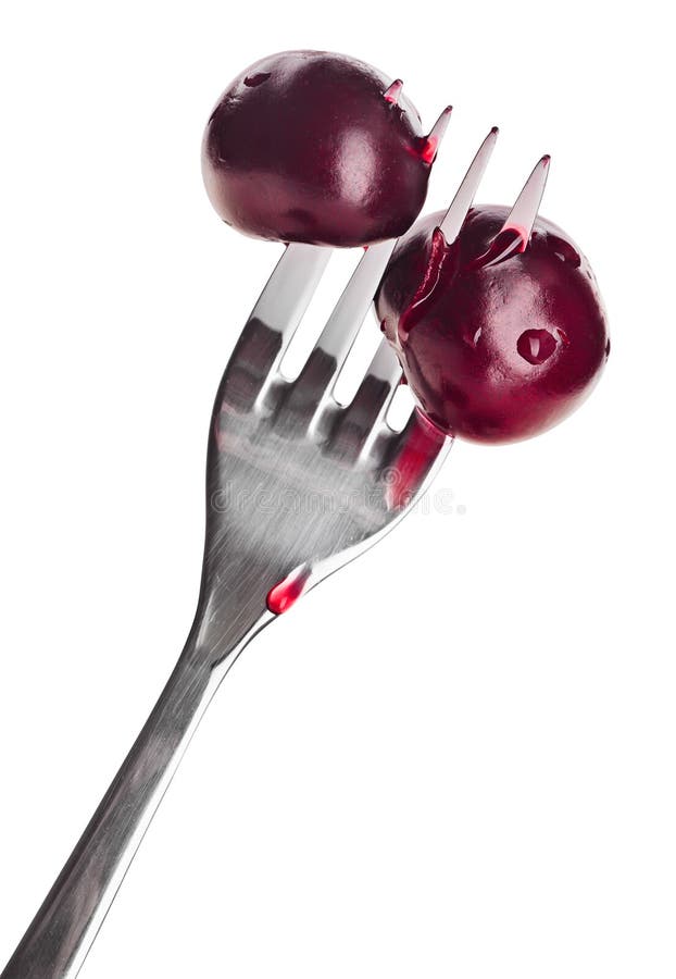 Two Bloody Cherry Fruits Pricked on Metal Fork Stock Photo - Image of ...
