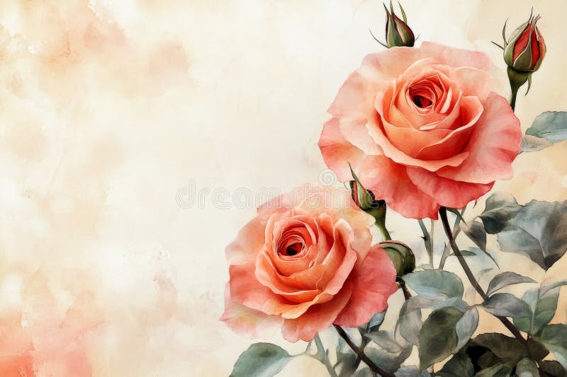 Two Blooming Pink Roses with Buds on a Watercolor-style Backdrop Stock ...