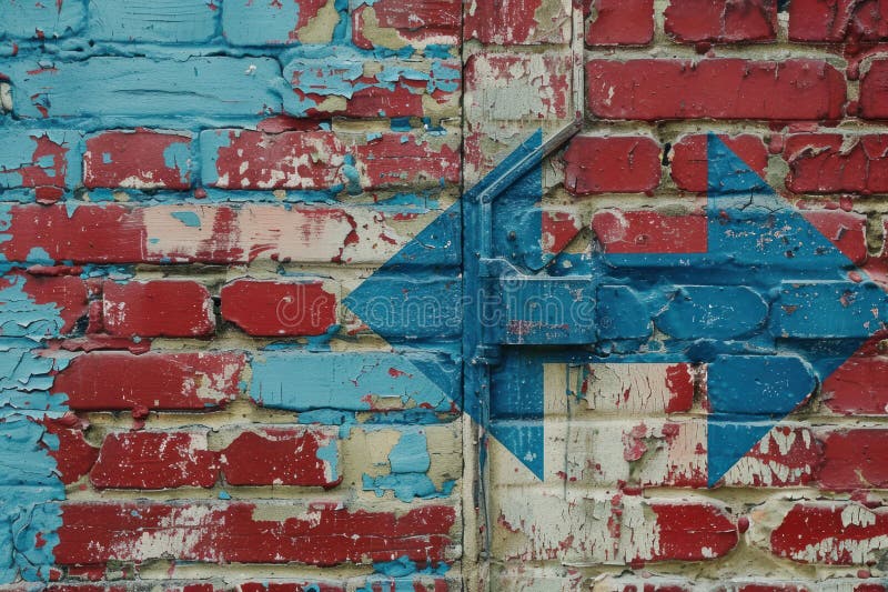 Two Blue Arrows Pointing at Each Other on a Red and Blue Brick Wall ...