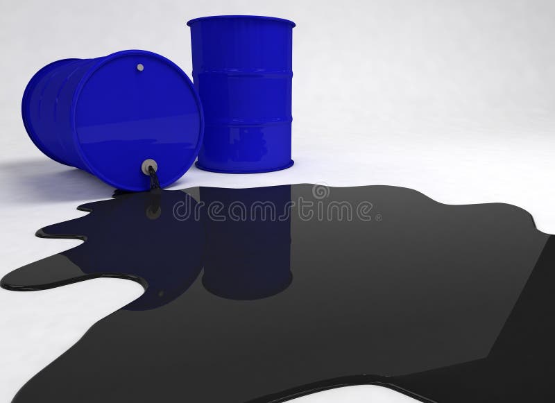 Two Blue Barrels,one Overturned and Leaked Black Oil 3D Render Stock ...