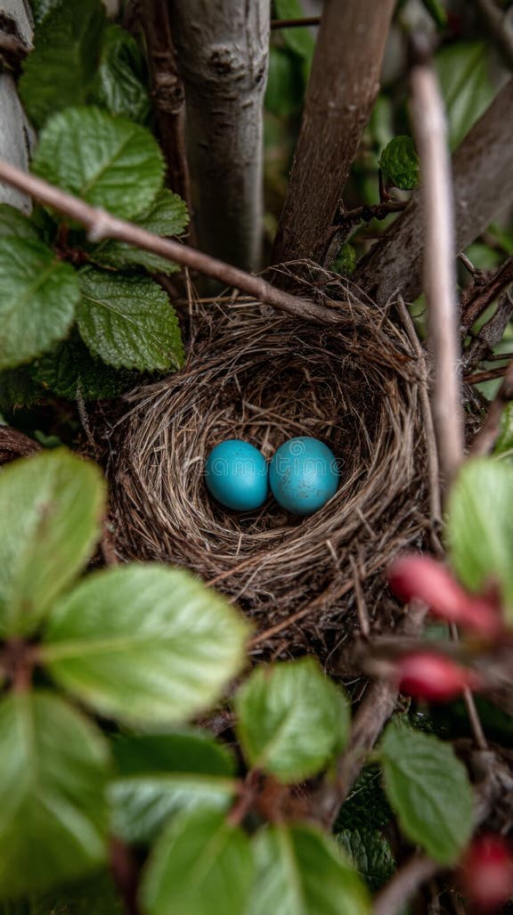 Two Blue Bird Eggs in a Nest Surrounded by Green Leaves Stock ...