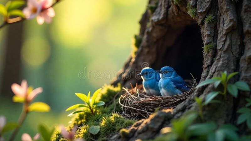 Two Blue Birds Nesting in a Hollow of an Ancient Stock Illustration ...