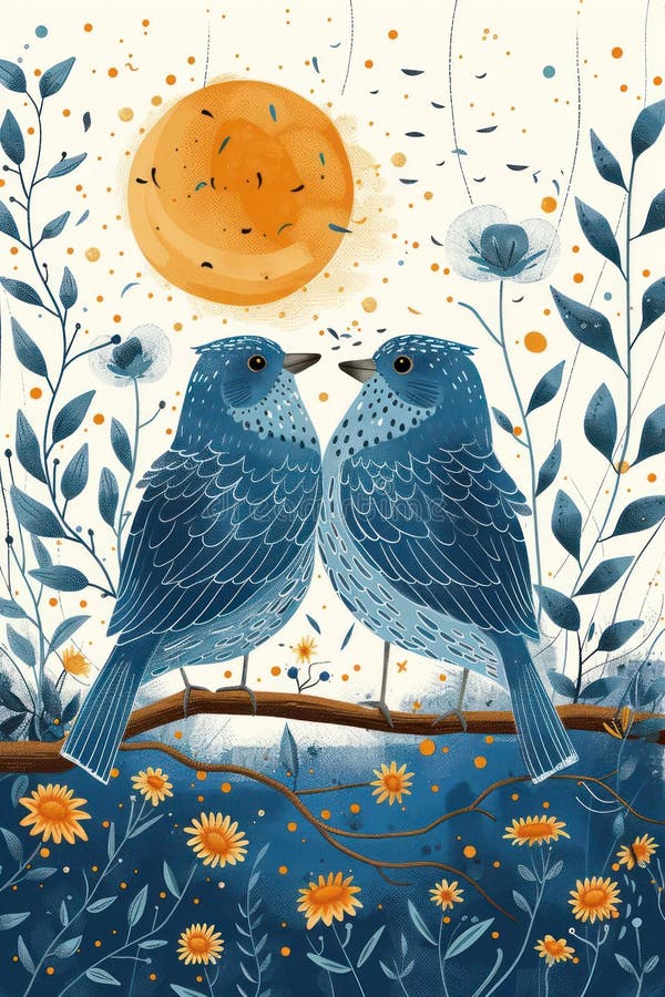 Romantic Blue Birds Couple on Branch Under Sunset Stock Illustration ...
