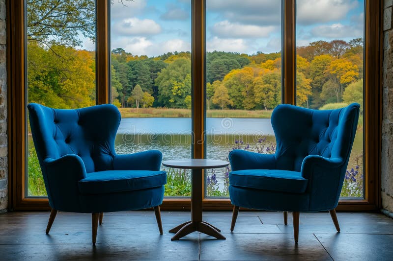 Two Blue Chairs and a Table in Front of a Large Window Stock Photo ...
