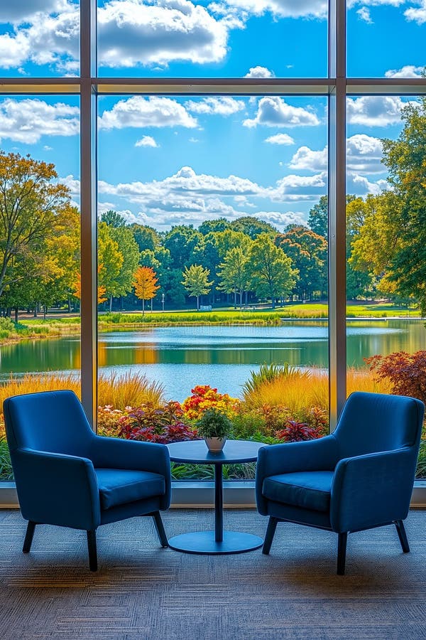 Two Blue Chairs and a Table in Front of a Large Window with a View of a ...