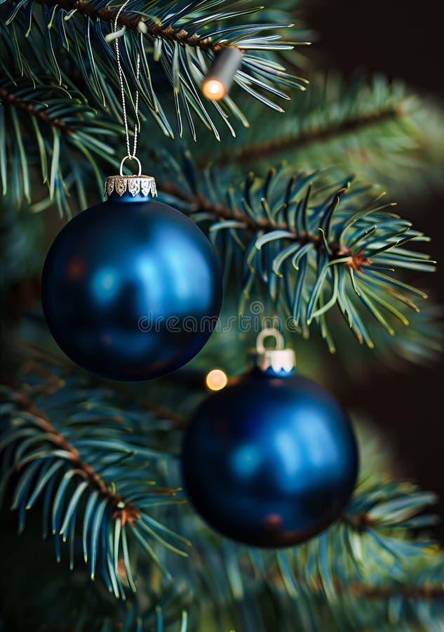 Two Blue Christmas Balls Hanging on a Pine Tree Stock Image - Image of ...