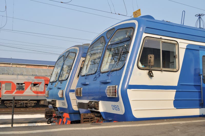 Two Blue Commuter Train at the Railway Station Stock Image - Image of ...