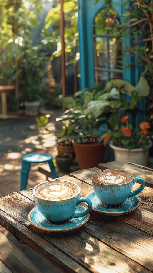 Two Blue Cups of Coffee on a Wooden Table in an Old Cafe Courtyard ...