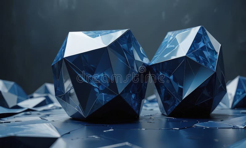 Two Blue, Diamond-shaped Objects with Reflective Surfaces Stand on Dark ...