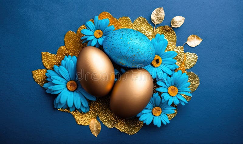 Two Blue Eggs and Some Blue Flowers on a Blue Background. Stock ...