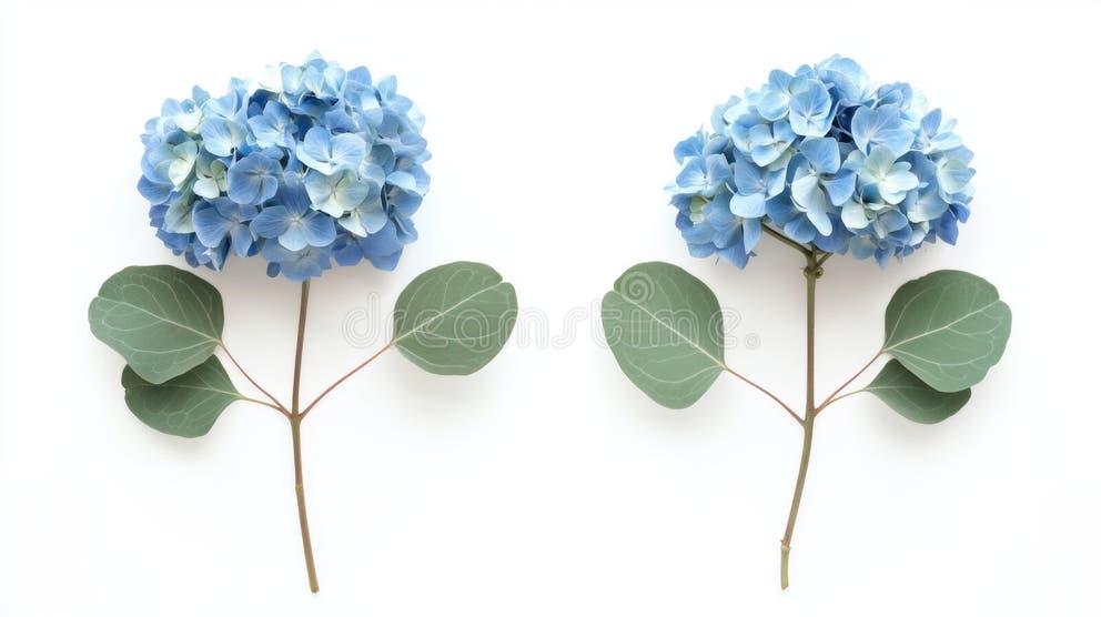 Two Blue Hydrangea Blooms with Eucalyptus Leaves. AI Generated Stock ...