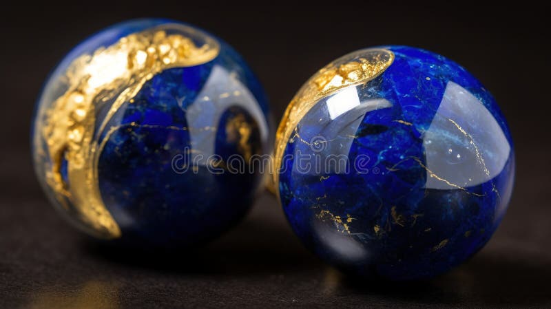 Two Blue Marbles with Gold Leaf Designs on Them on a Black Surface with ...