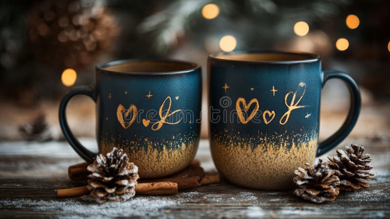 Two Blue Mugs with Gold Hearts and Stars on Rustic Wooden Table Stock ...