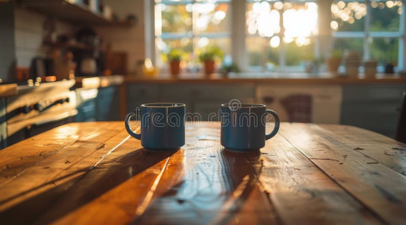 Two Blue Mugs on Wooden Table in Kitchen Stock Photo - Image of dining ...